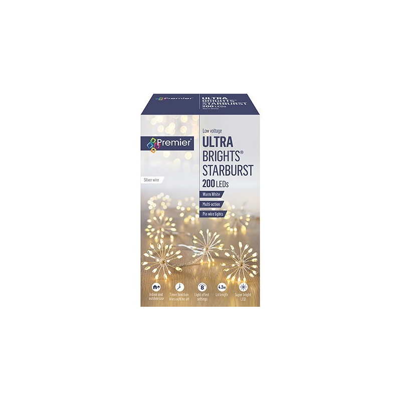 Premier 200 Ultra Bright Warm White Starburst String Lights With Timer ...