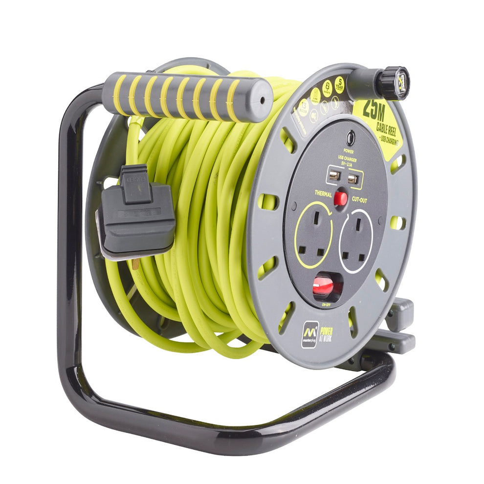 Masterplug Pro-XT 25m Open Reel with USB Charging, 2 Sockets & Switched ...