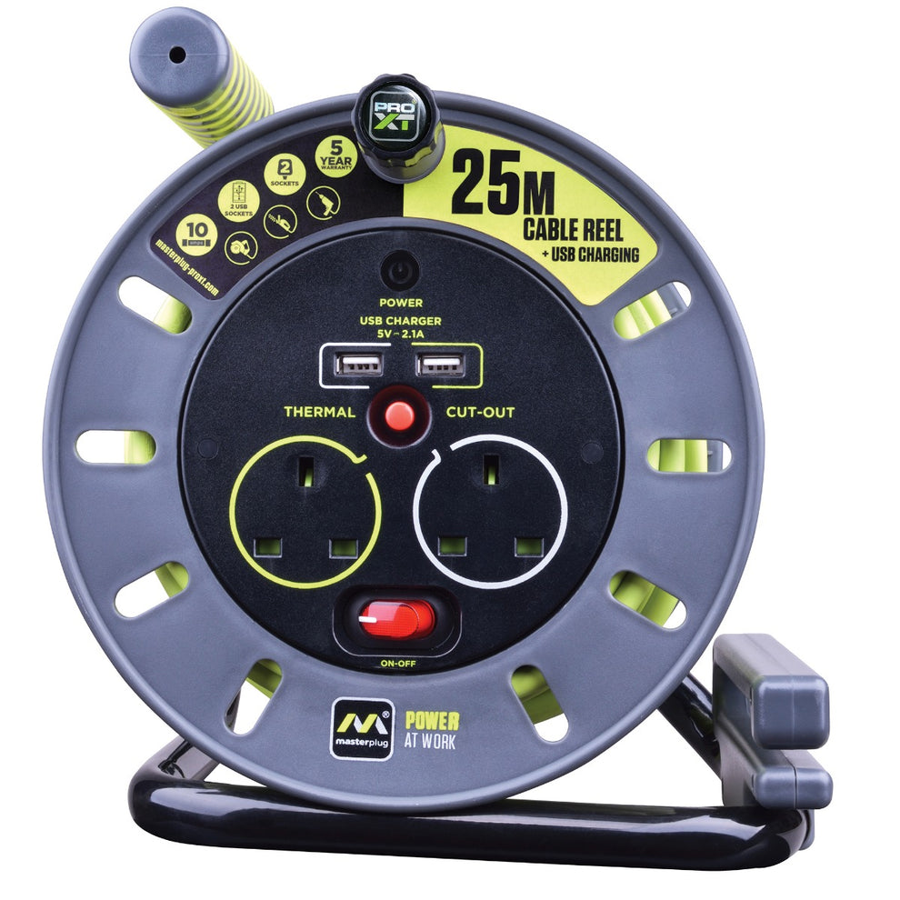 Masterplug Pro-XT 25m Open Reel with USB Charging, 2 Sockets & Switched ...
